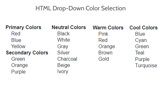 Color Name Selection For HTML Drop-Down, JavaScript, PHP