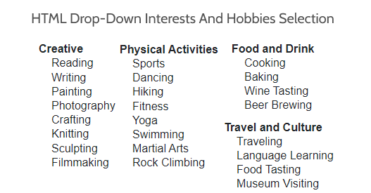 Interests And Hobbies List For HTML, JavaScript, PHP Array