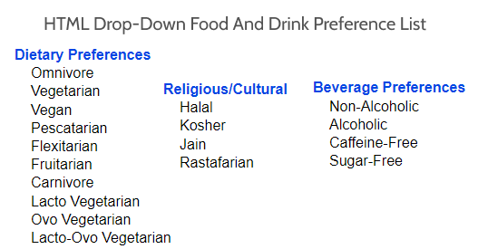 Food & Drink Dropdown Menus With HTML, JavaScript, PHP
