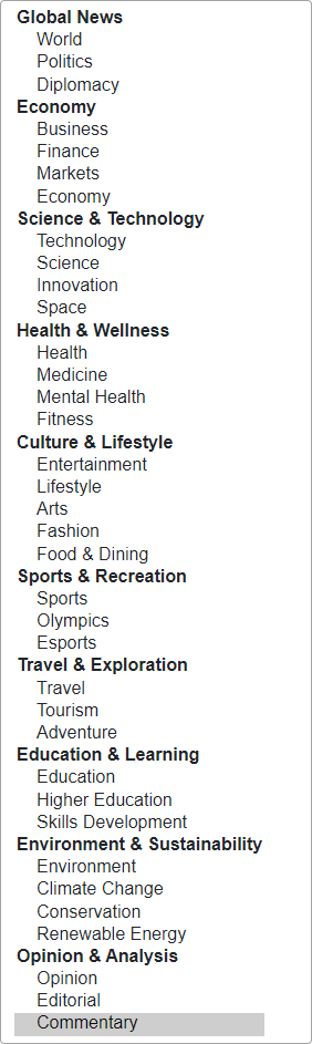 News Categories List For HTML Drop Down, JavaScript, PHP News Categories List For HTML Drop Down, JavaScript, PHP