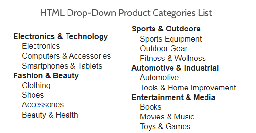 Product Categories List For HTML, JavaScript, PHP, And SQL
